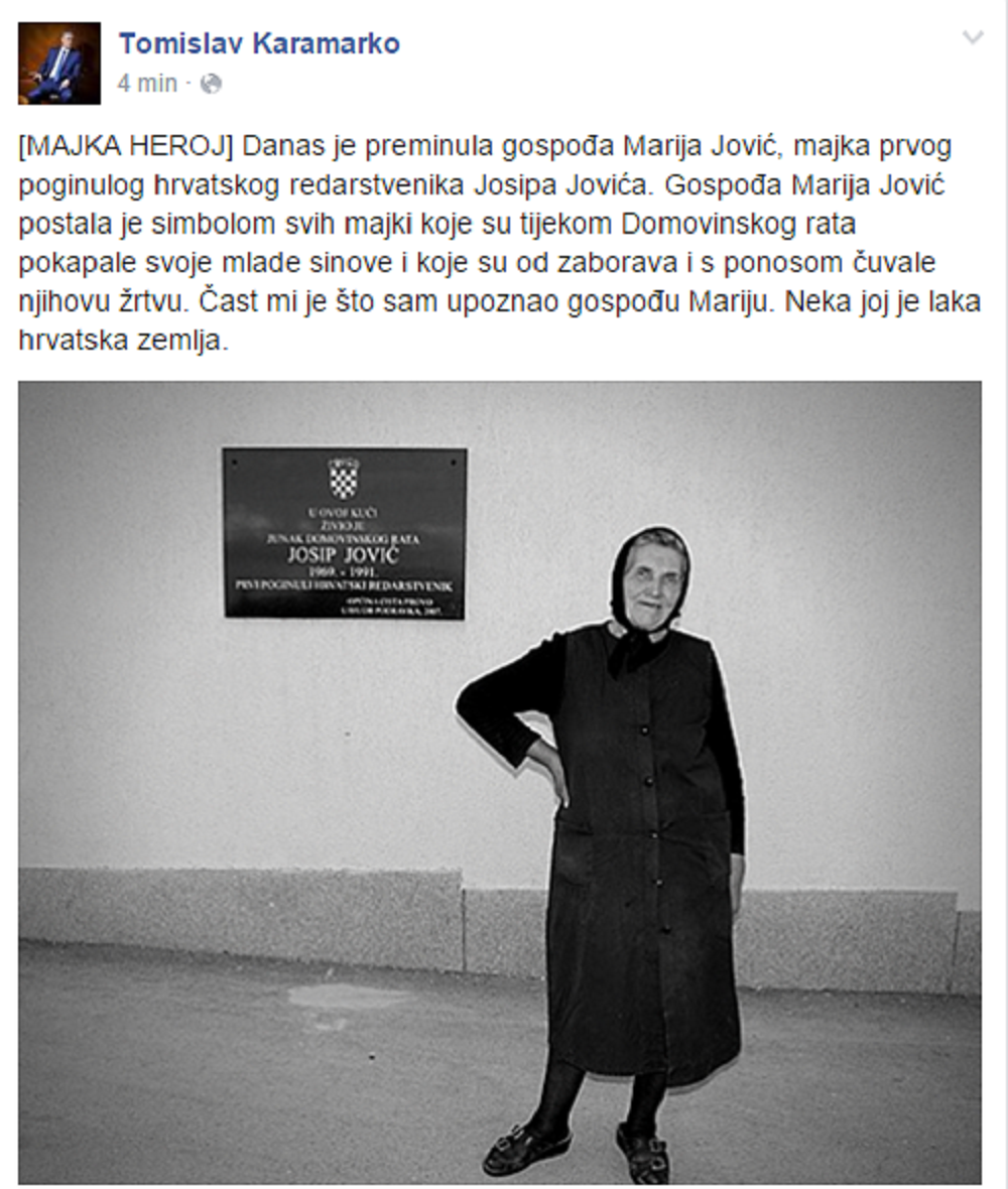 Preminula Marija Jović, majka prvog poginulog hrvatskog redarstvenika